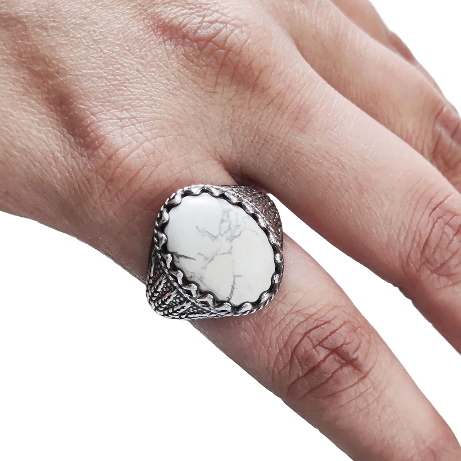Howlite Mans Ring, Natural White Howlite Ring, Birthstone, Silver ...
