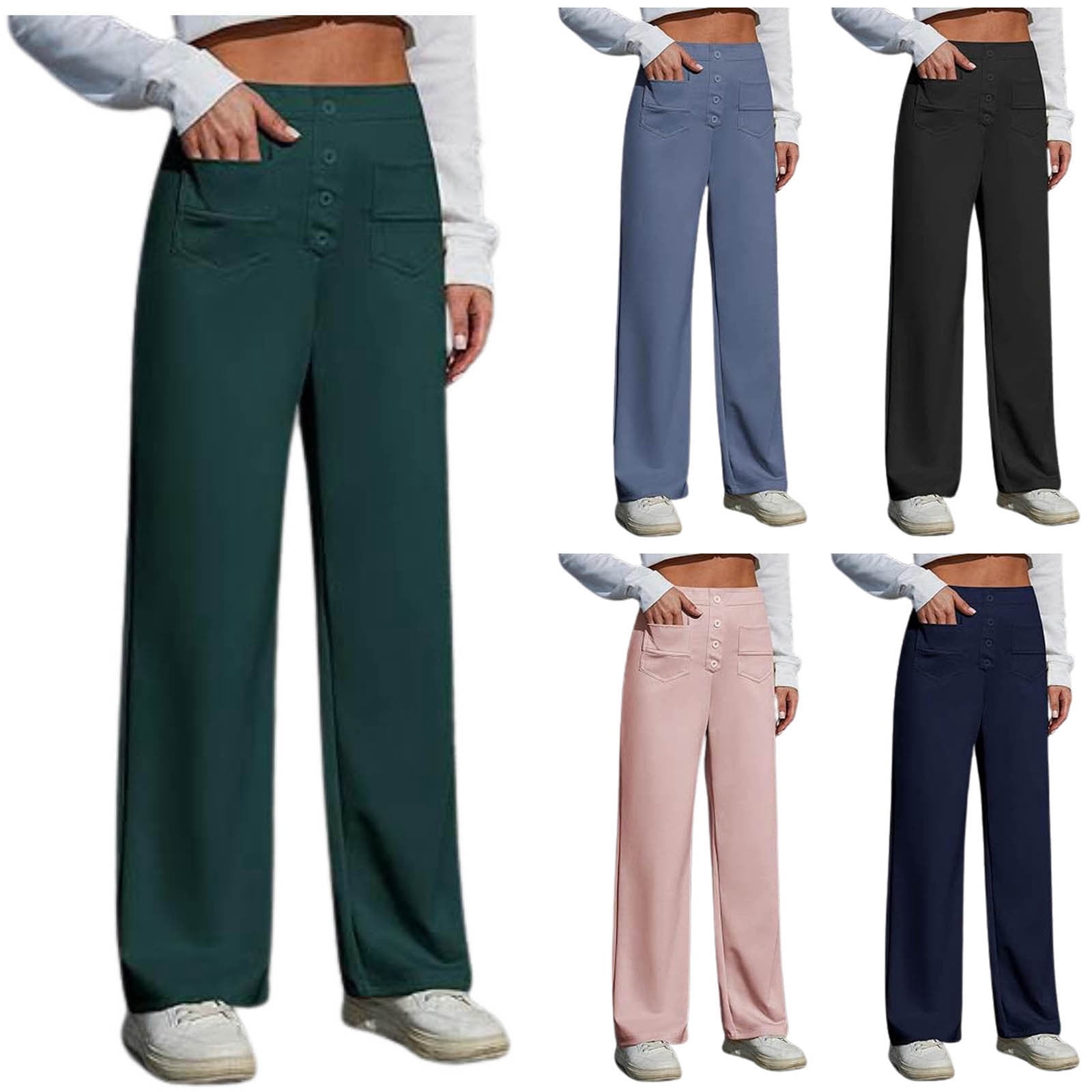 Hpapadks Casual Pants for Women Straight Leg Button Down Solid Slacks ...