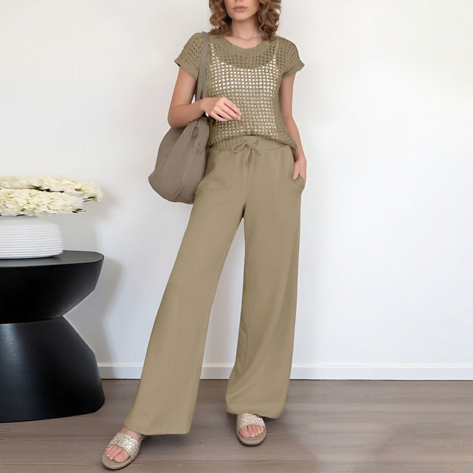 Hpapadks Cozy Lounge Sets for Women Short Sleeve Crochet Sheer ...