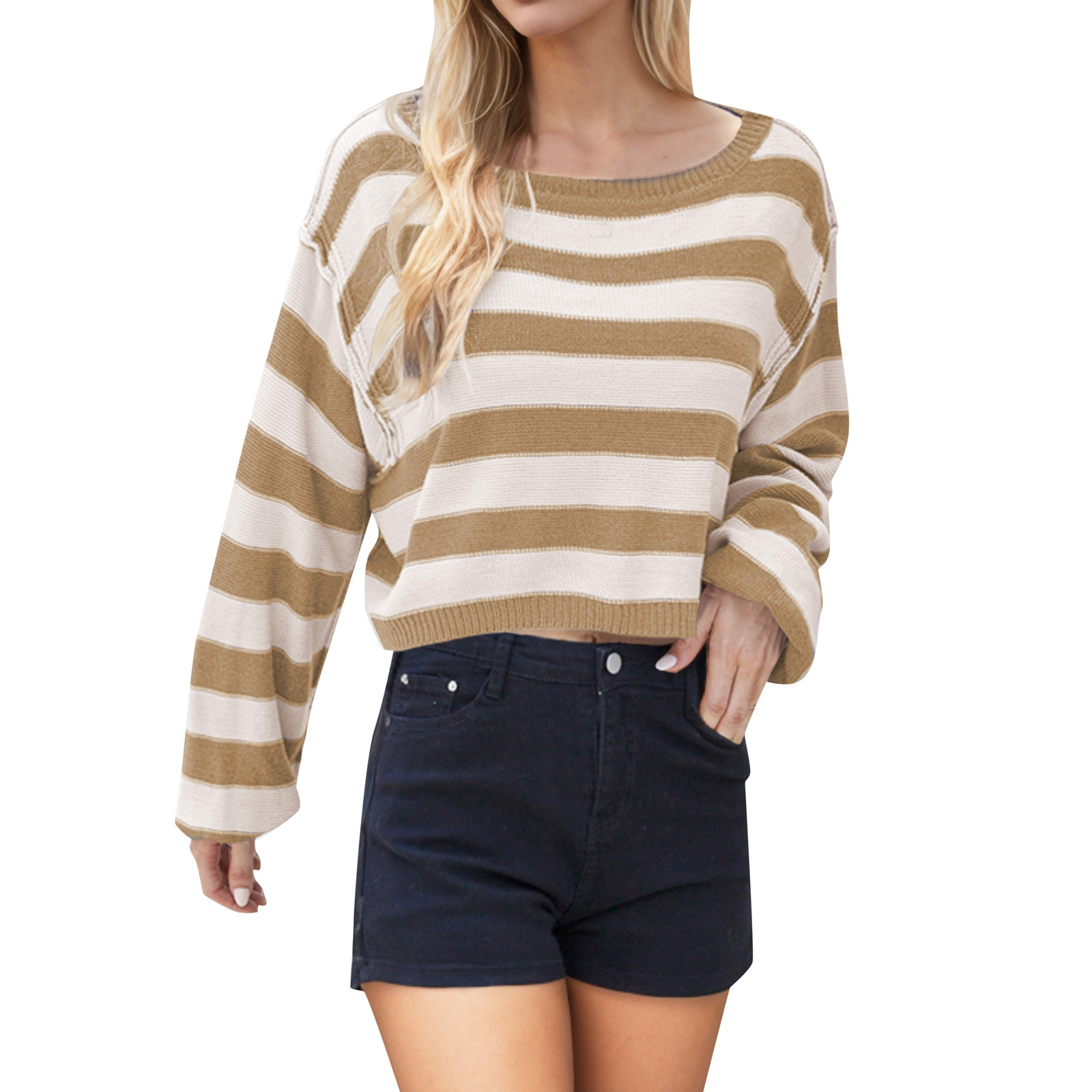 Hpapadks Fall Sweaters for Women 2025 Short Striped Knit Sweaters Loose ...