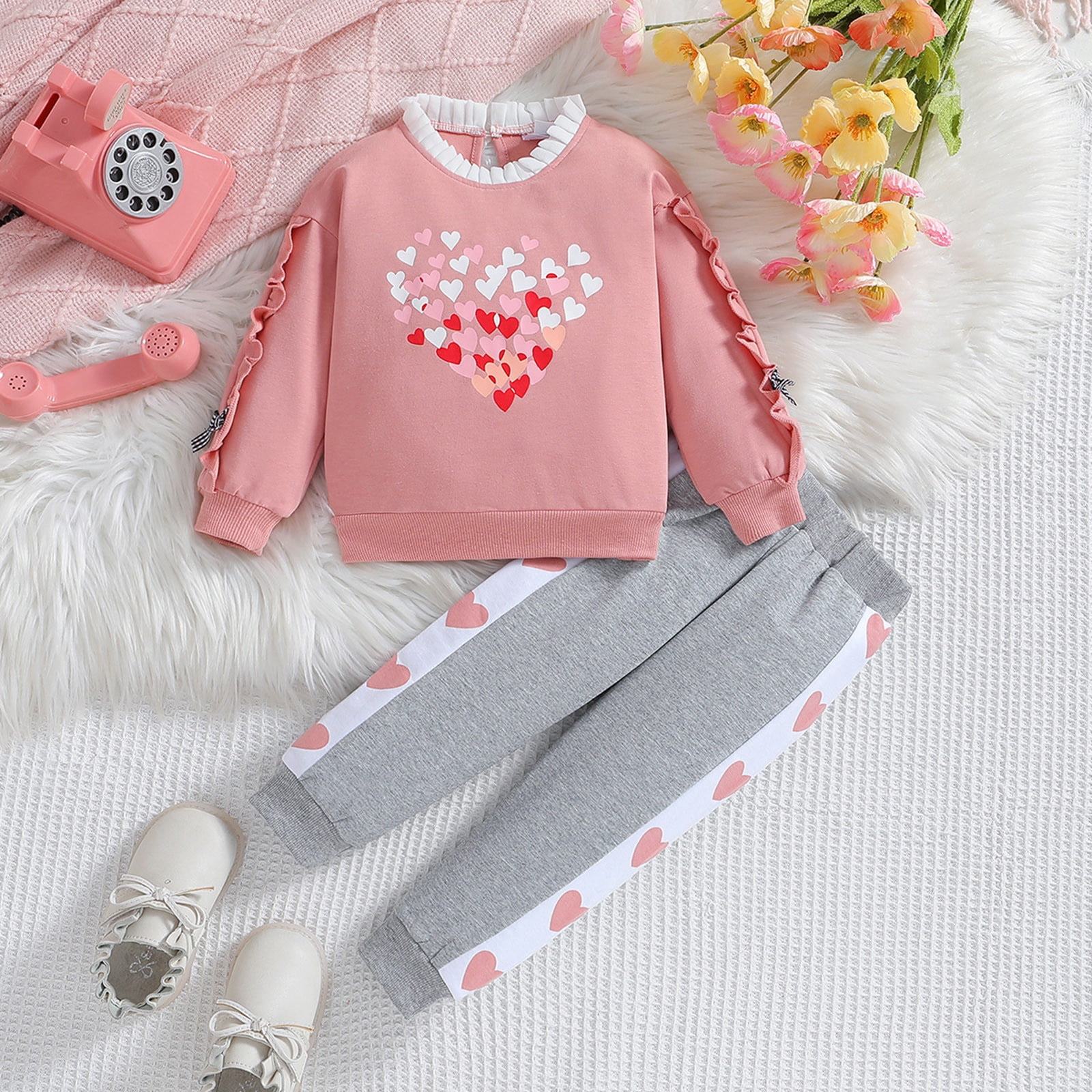 Hpapadks Girls Holiday Outfits Long Sleeve Hearts Pattern Sweatshirt ...