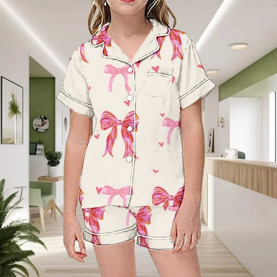 Hpapadks Girls Outfits Kids 2 Piece Pajamas Set Bowknot Print Short ...
