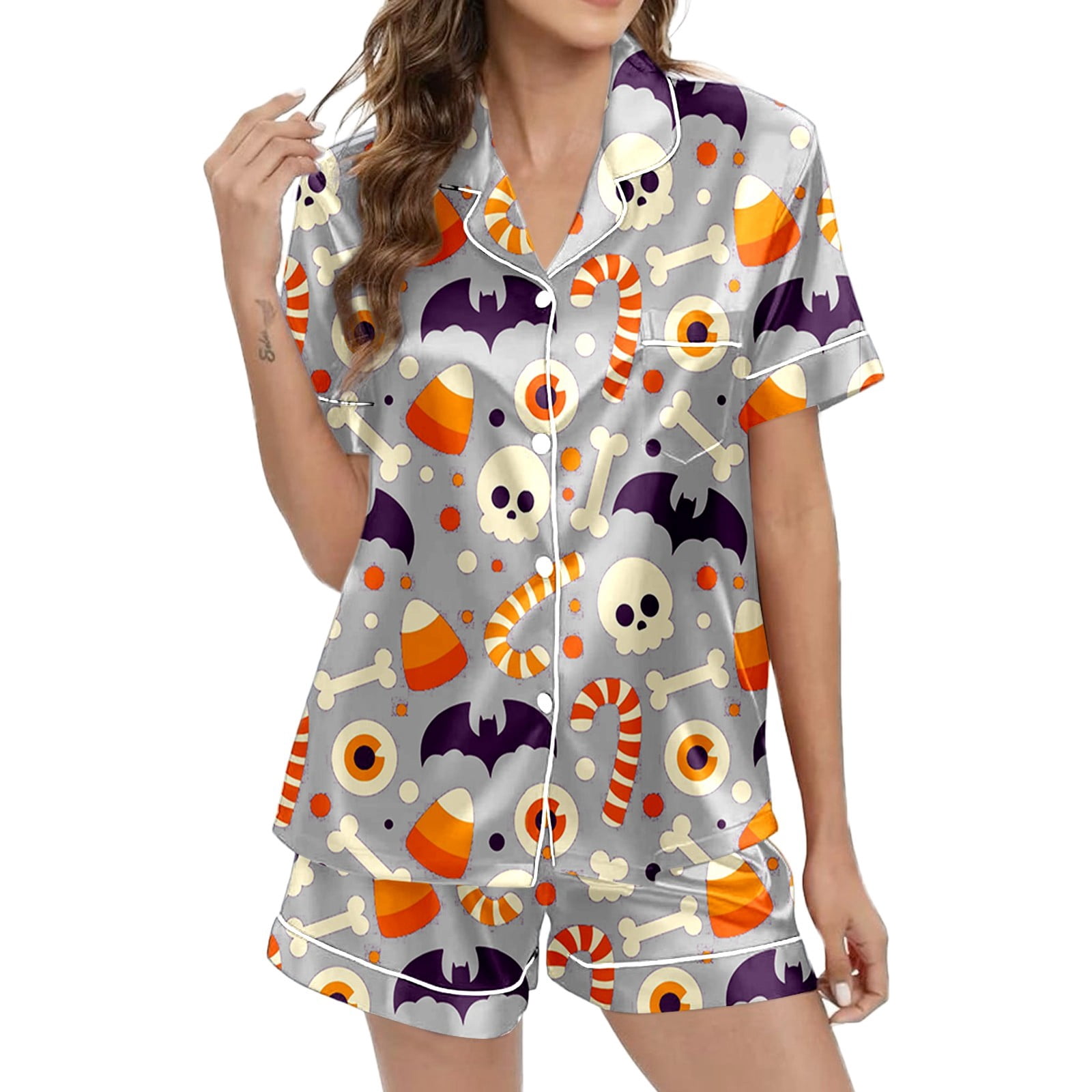 Hpapadks Halloween Cute Pajama Sets for Women Silk Button Down 2 Piece ...