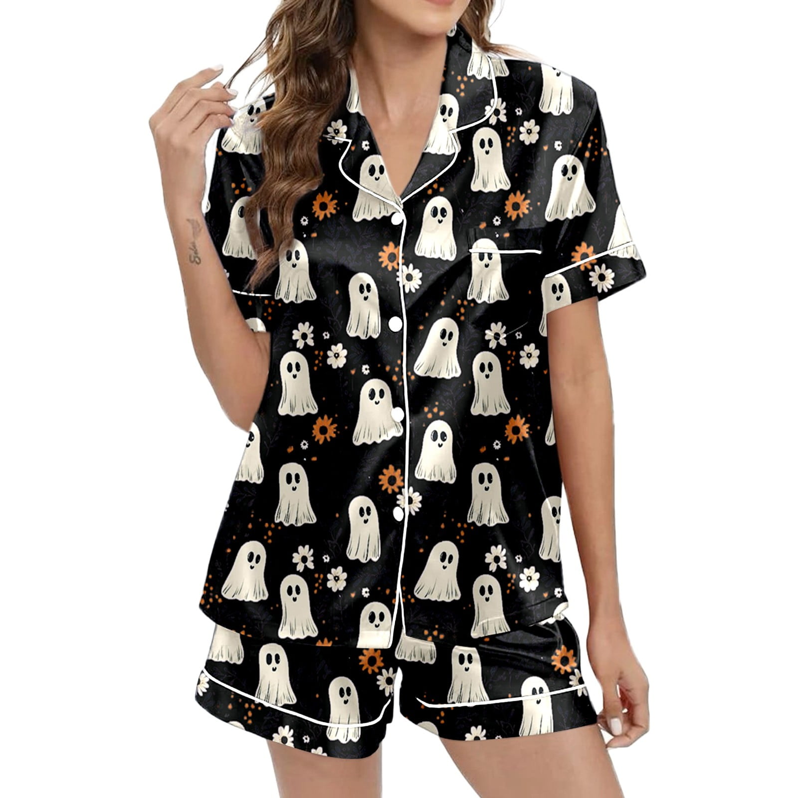 Hpapadks Halloween Womens Pajamas Silk Button Down 2 Piece Silk ...