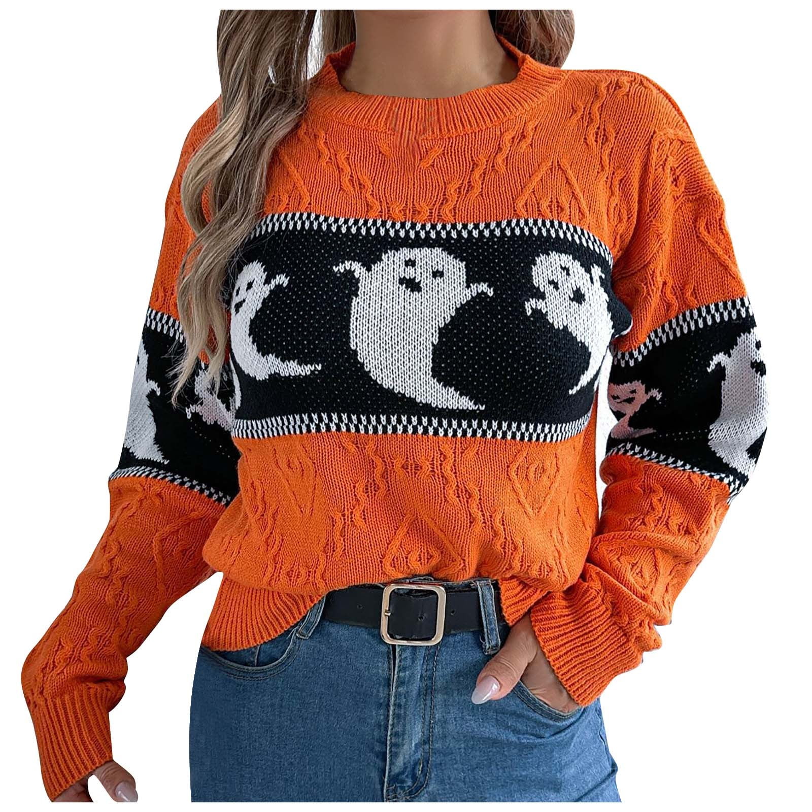 Hpapadks Oversized Sweaters for Women Halloween Theme Color Block Knit ...
