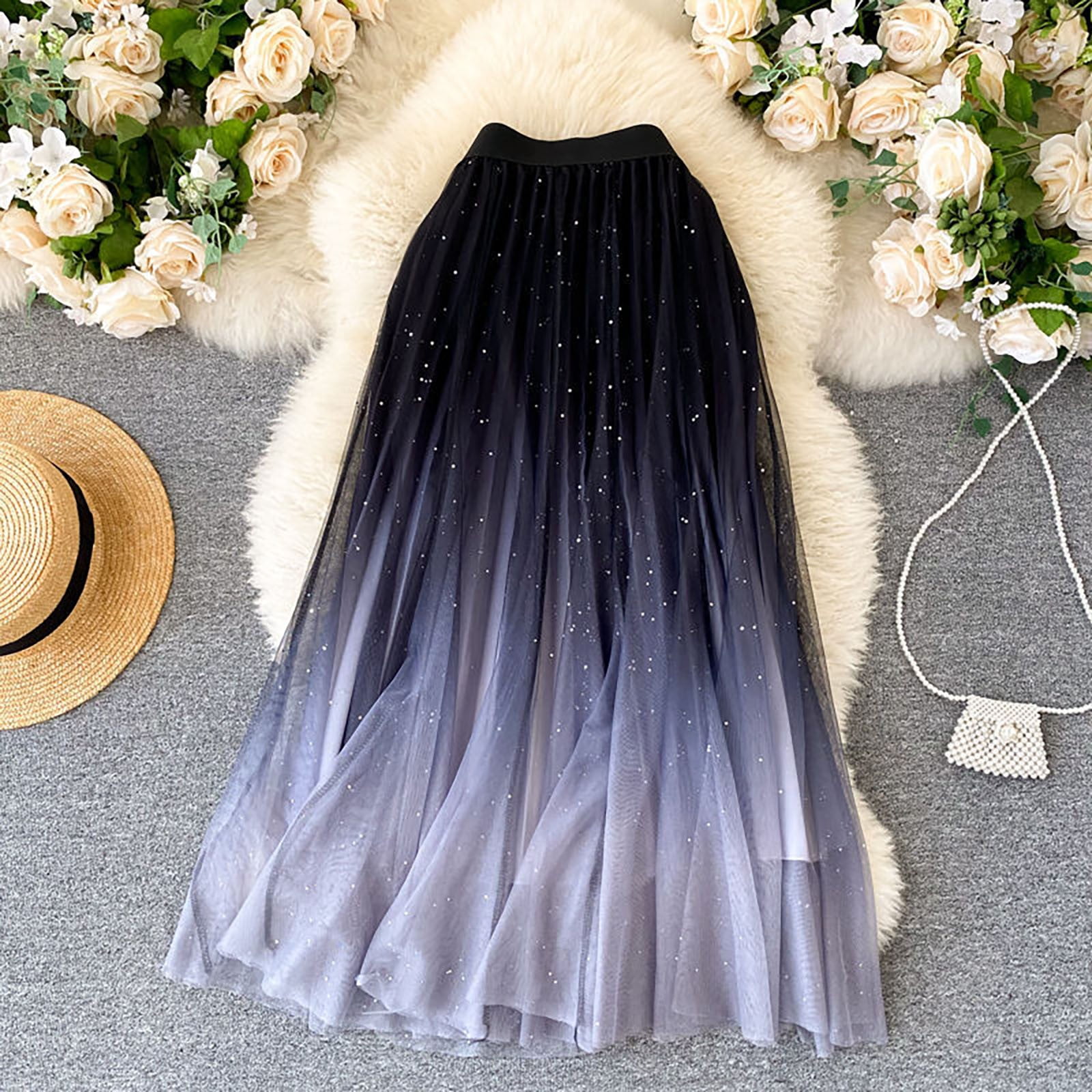 Hpapadks Skirts for Women Trendy Starry Sky Gradient Color Sequin Mesh ...