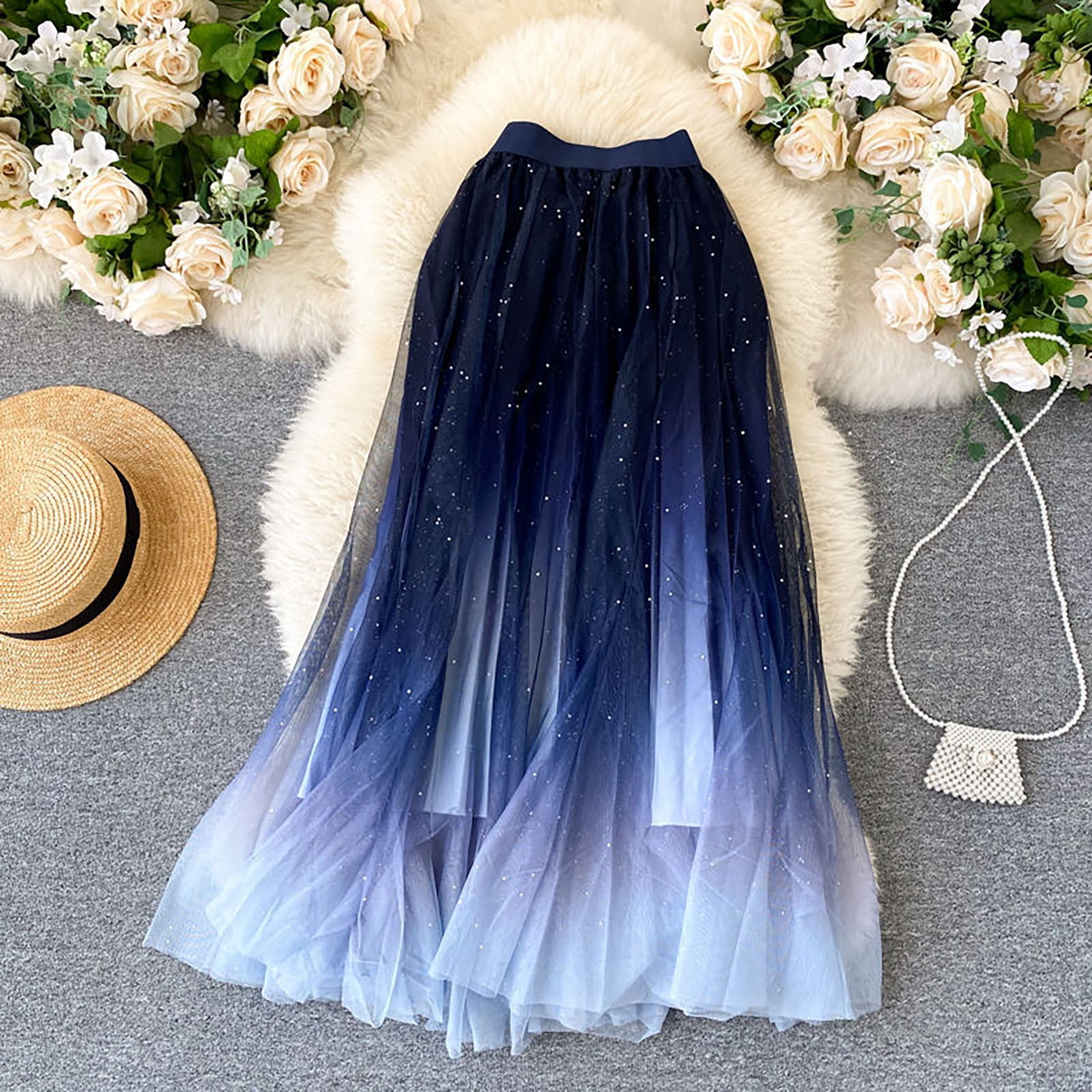 Hpapadks Skirts for Women Trendy Starry Sky Gradient Color Sequin Mesh ...