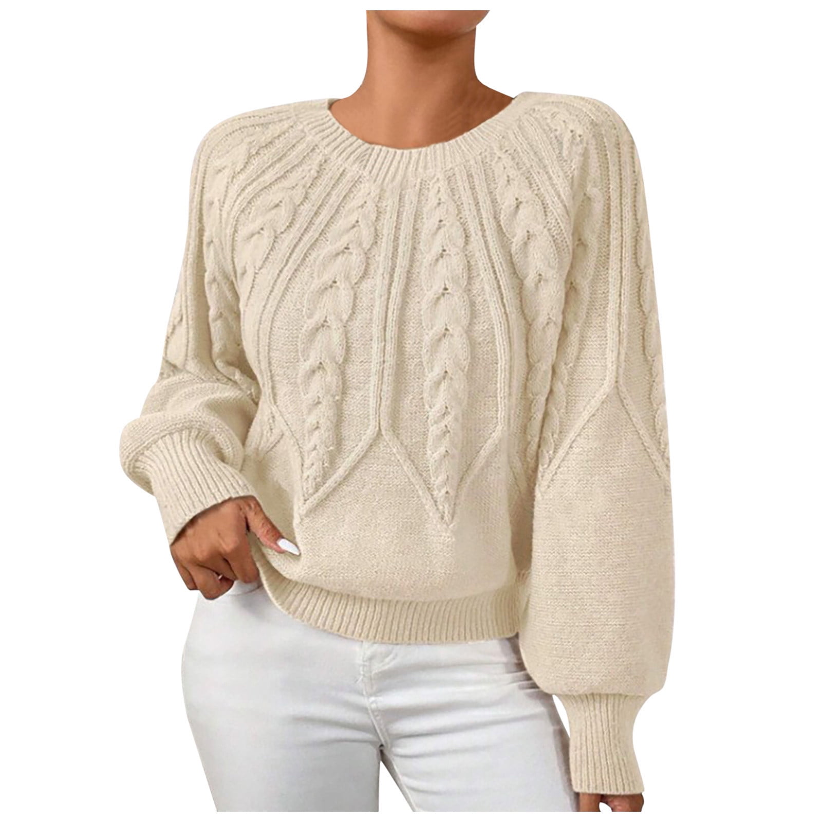 Hpapadks Sweaters for Women Casual Solid Color Crew Neck Threaded ...