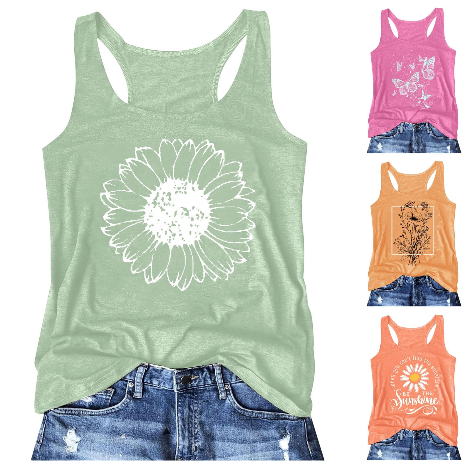 Hpapadks Tank Tops for Women 2025 Casual Floral Print Crew Neck ...