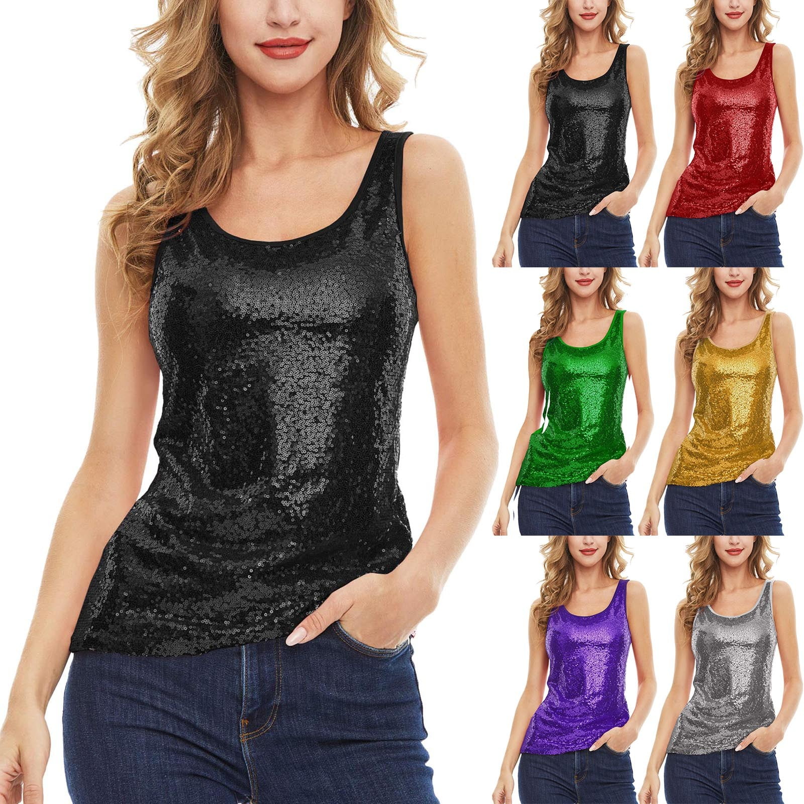 Hpapadks Tank Tops for Women 2025 Sleeveless Glitter Sequin Tanks Vest ...