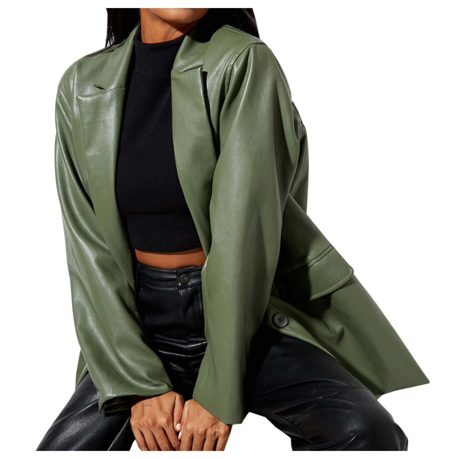 Hpapadks Women Blazer Oversized Leather Motorcycle Long Sleeve Solid ...