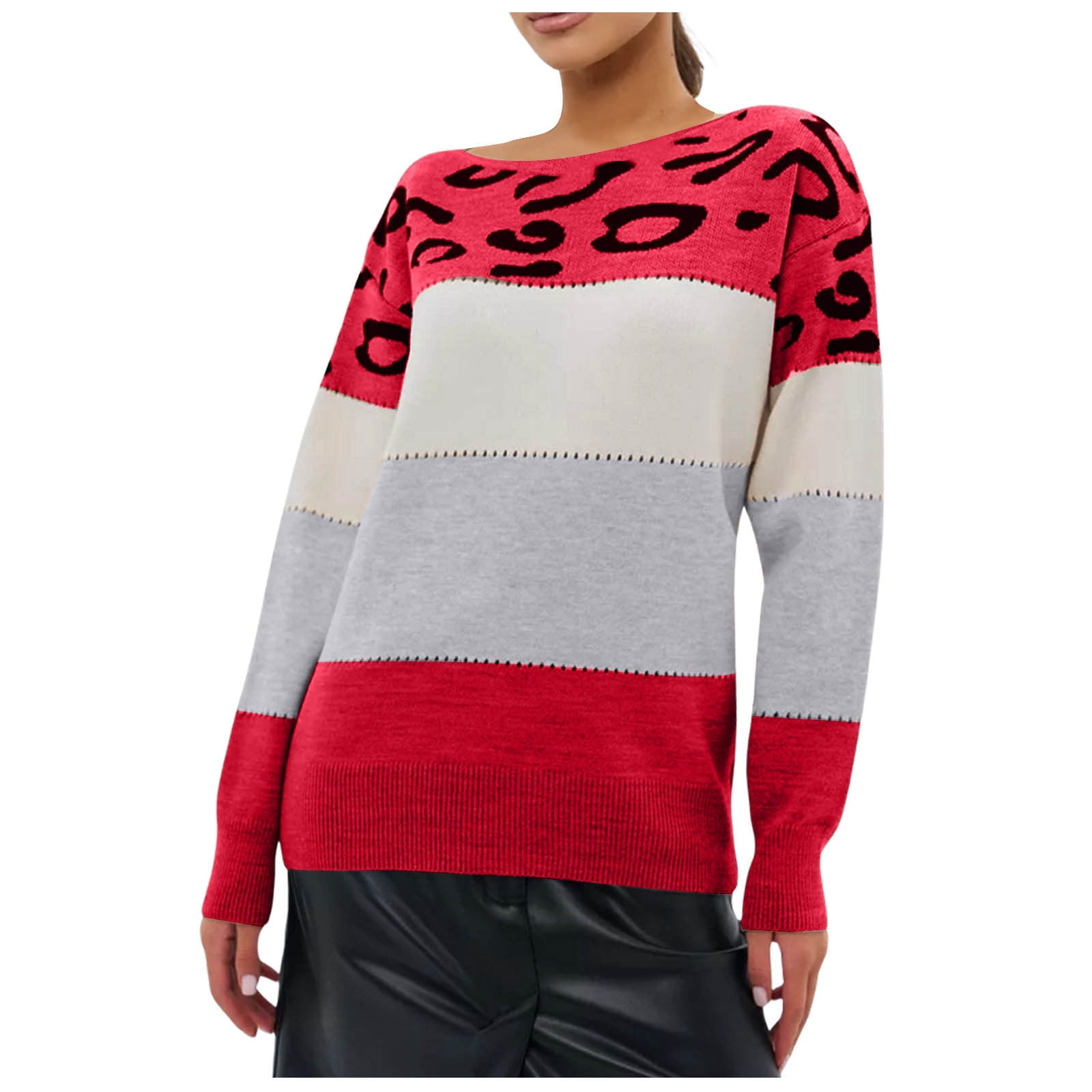 Hpapadks Women Sweaters Leopard Print Color Block Knit Sweaters Casual ...