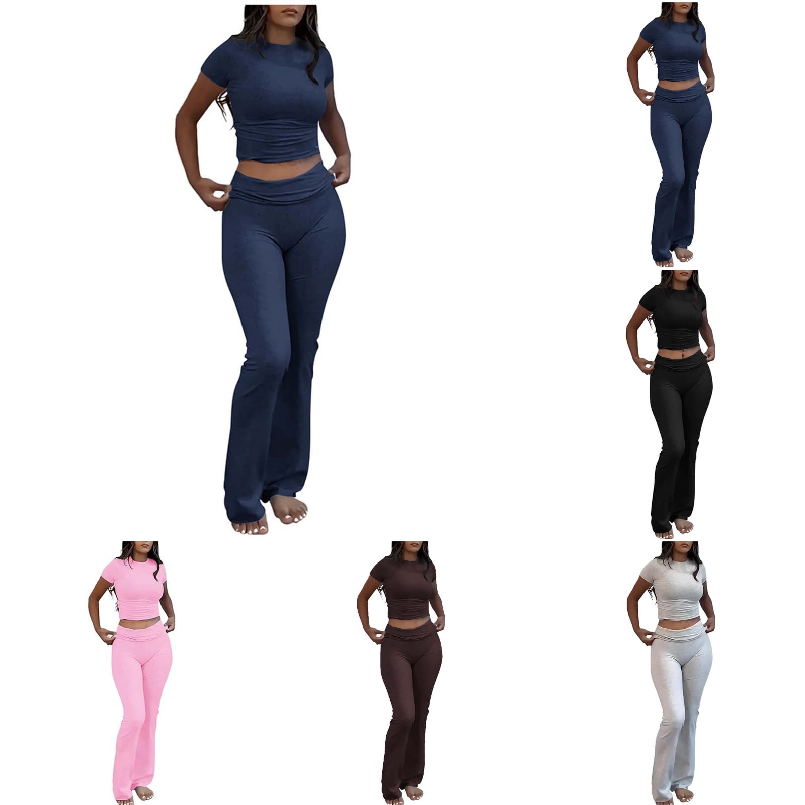 Hpapadks Women's Gym Sets 2 Piece Slim Short Sleeve Solid Tops Low Rise ...