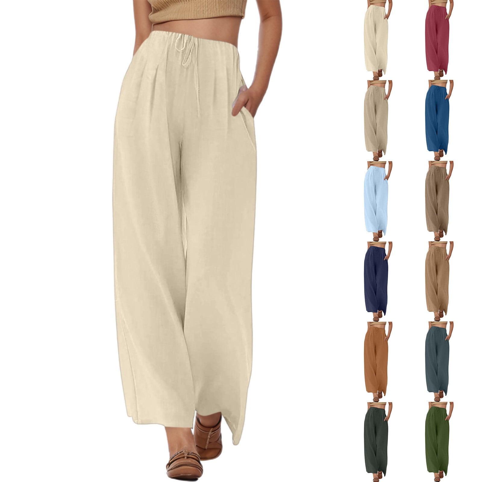 Hpapadks Womens Casual Pants Summer High Waisted Solid Wide Leg Beach ...