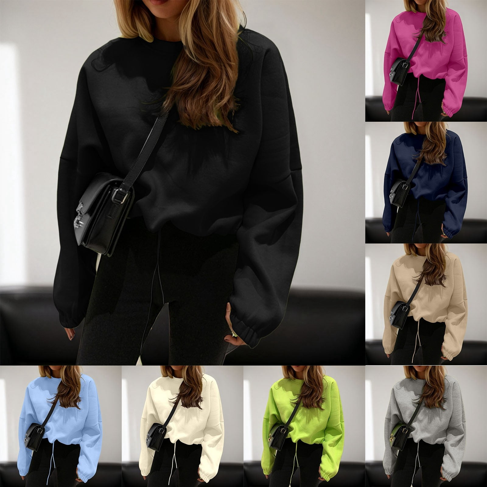 Hpapadks Womens Oversized Sweatshirts Bright Color Cropped Ribbed Hem Tops Drawstring Hoodless ...