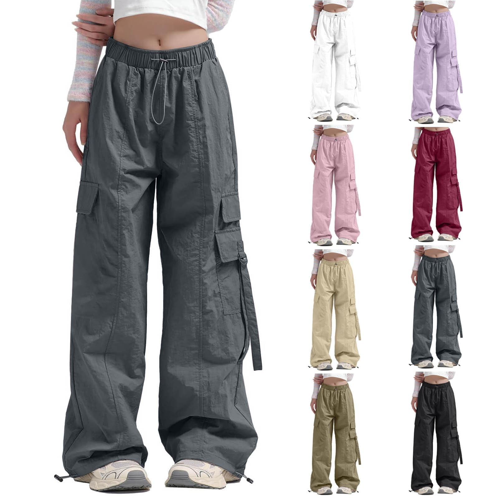 Hpapadks Womens Pants Mid Waisted Wide Leg Solid Cargo Pant with Side ...