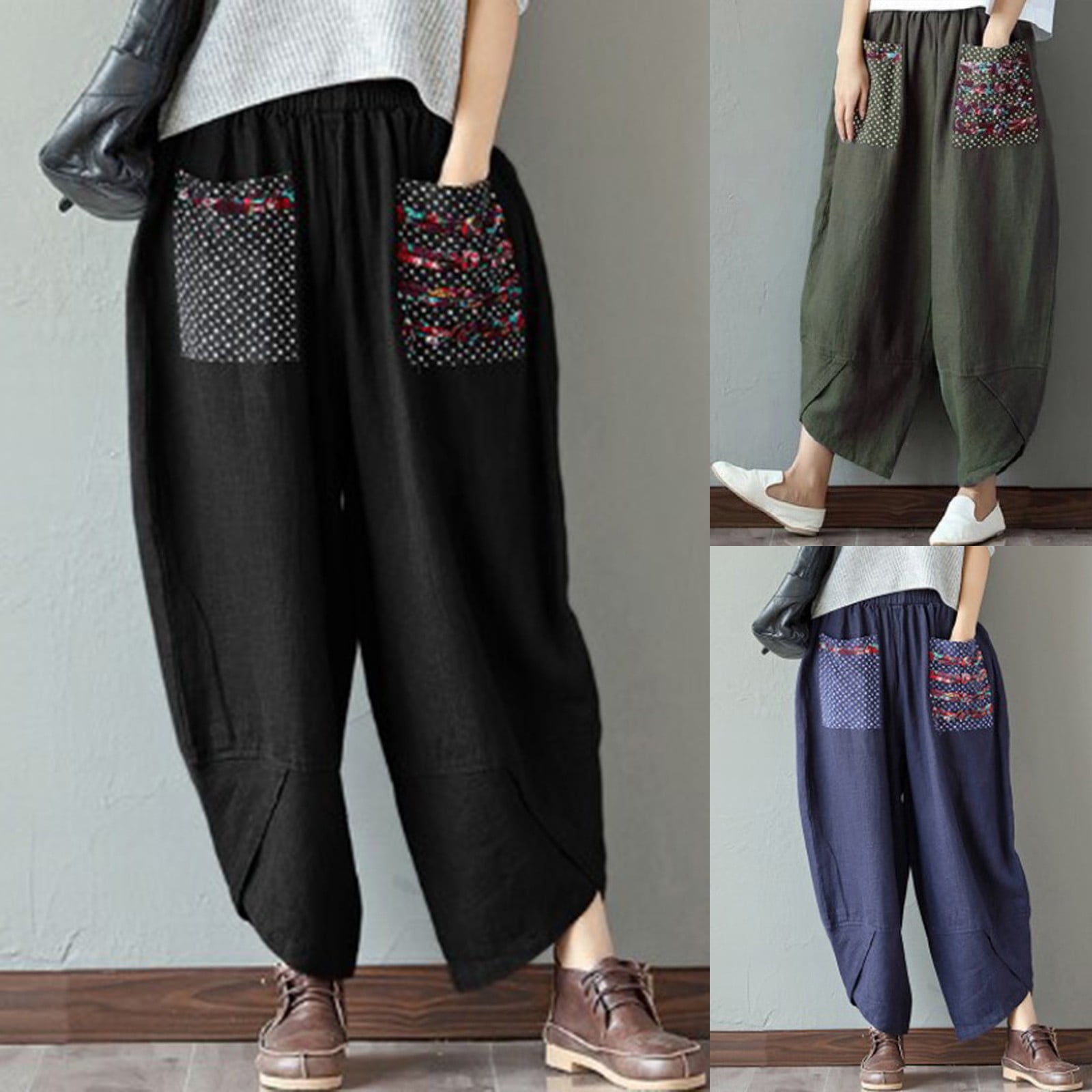 Hpapadks Womens Pants Wide Leg Elastic Waist Embroidered Linen Pant ...