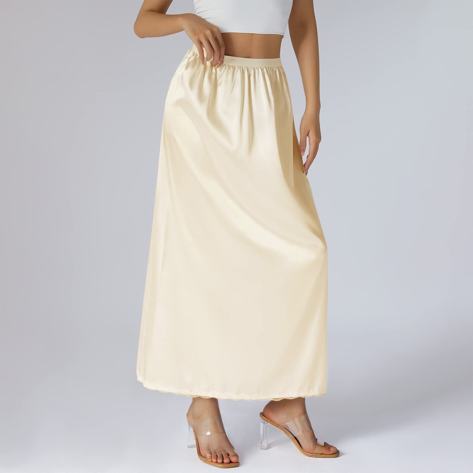 Hpapadks Womens Skirt Soft Satin Half Slip Lace Long Underskirt Solid ...
