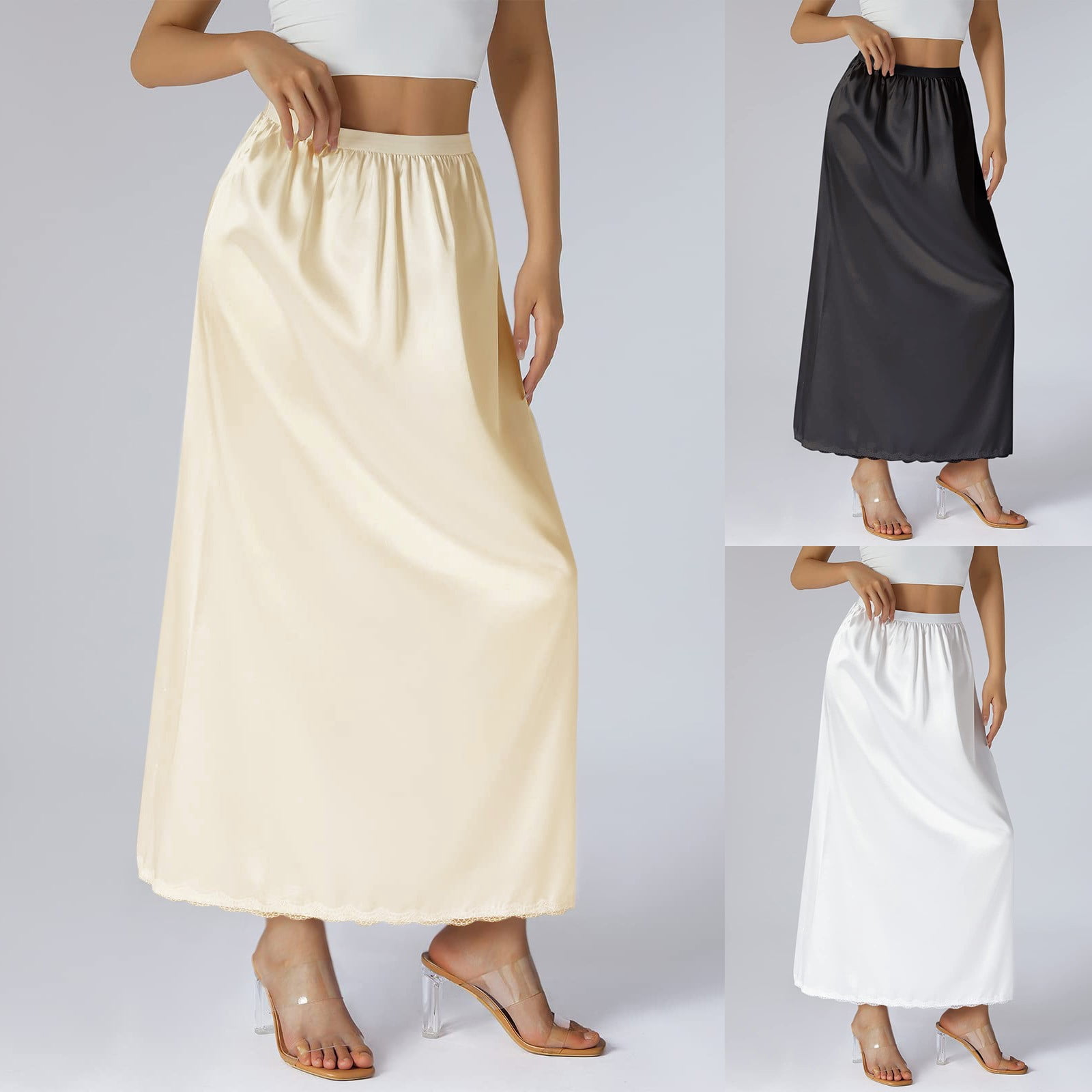 Hpapadks Womens Skirts Soft Satin Half Slip Lace Long Underskirt Solid ...