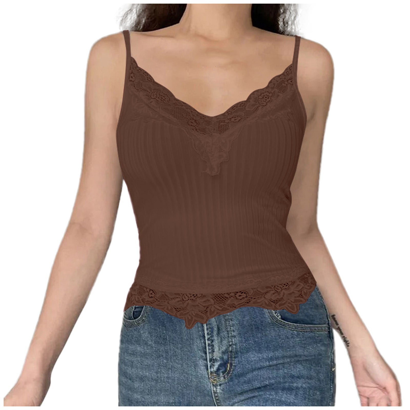 Hpapadks Womens Summer Tank Tops Lace Trim Ribbed Deep V Neck Crop ...