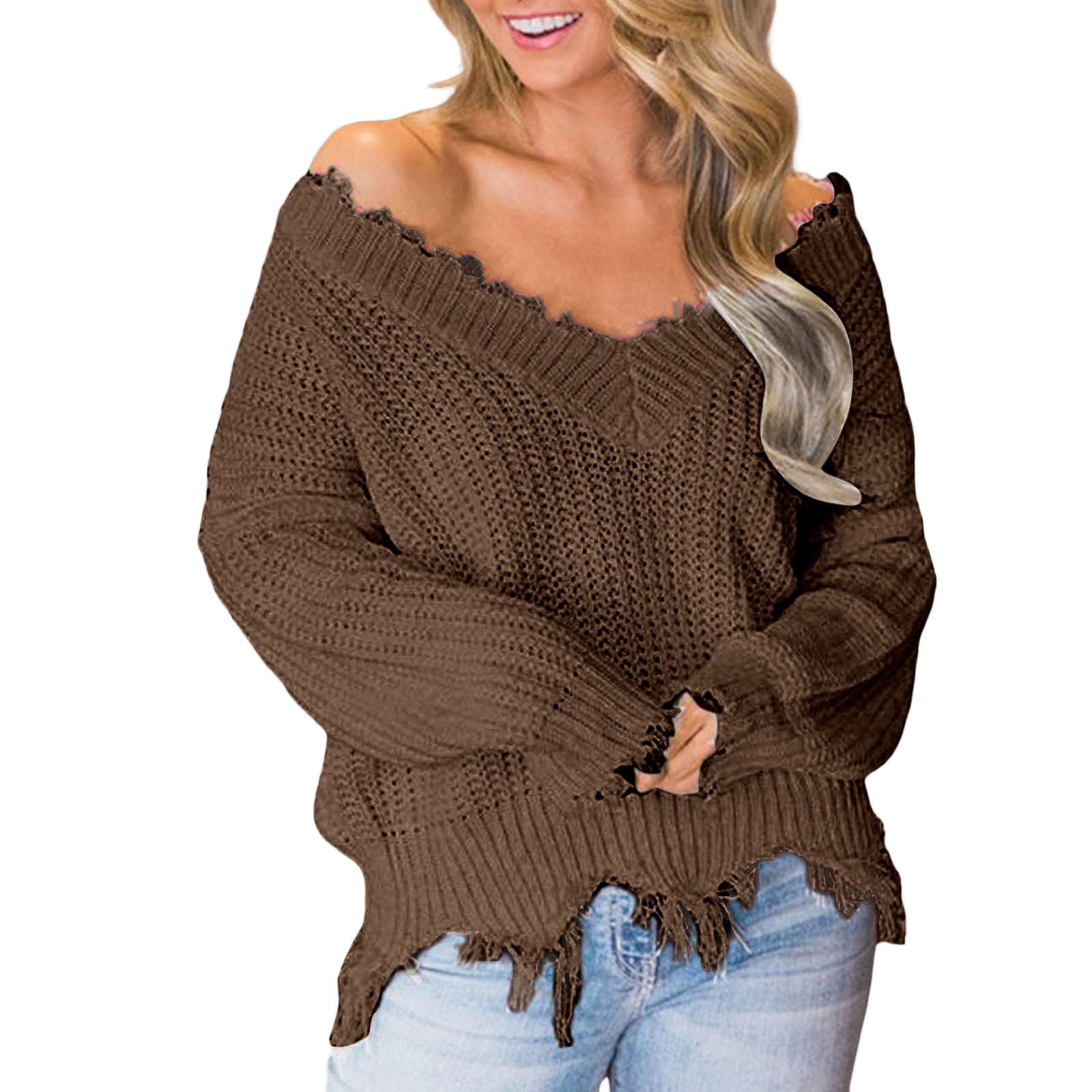 Hpapadks Womens Sweaters Off Shoulder Loose Deep V Neck Irregular ...