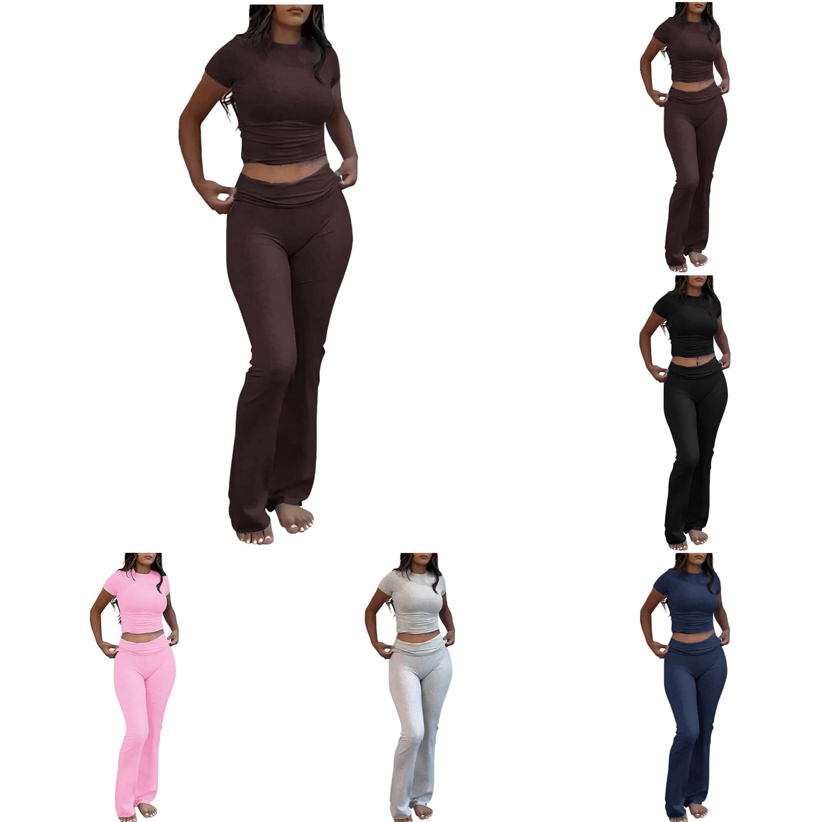 Hpapadks Womens Workout Sets 2 Piece Slim Short Sleeve Solid Tops Low ...