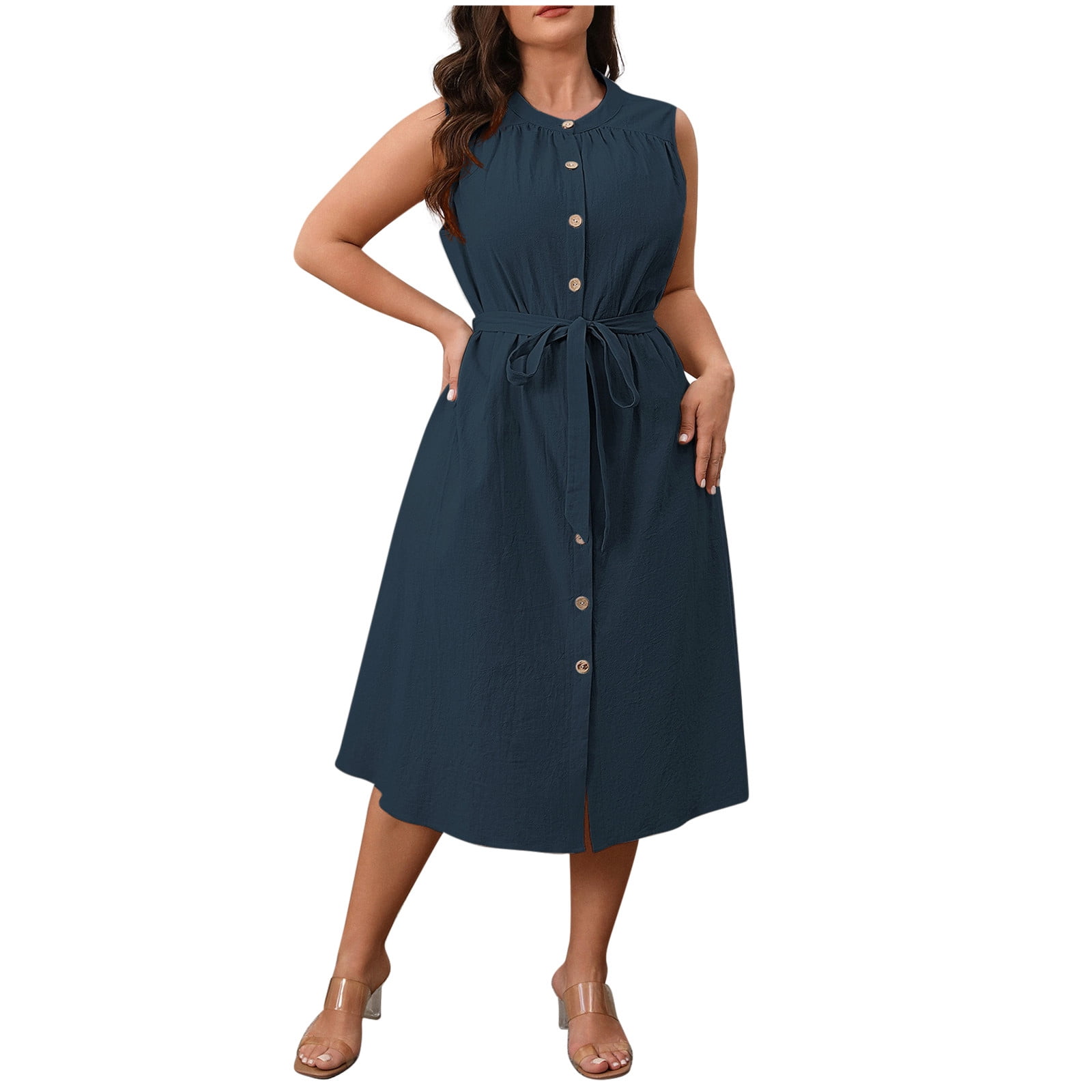 Hrsba Ruffled Sleeveless Round Neck Casual Dresses for Women Solid ...