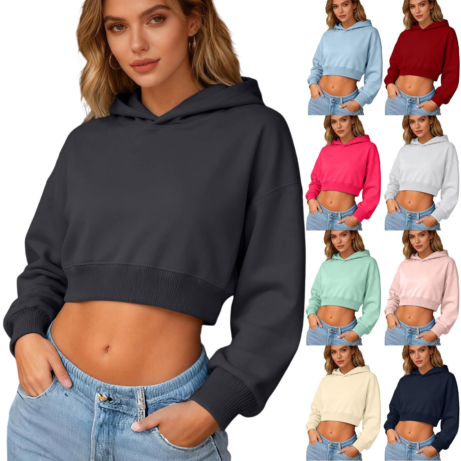 Hrsba Cropped Sweatshirts for Women 350G Double Layer Hood Long Sleeve ...