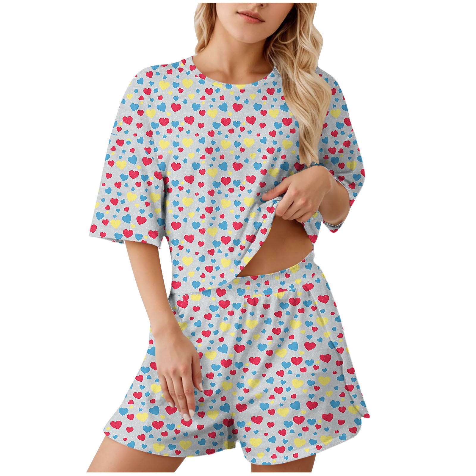 Hrsba Cute 2 Piece Outfits for Women,Print Crew Neck Top with Elastic ...