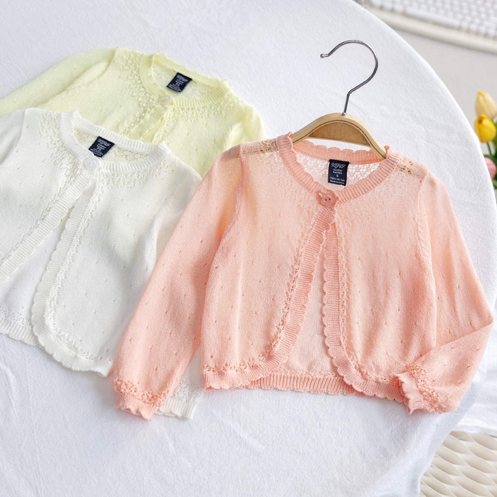 Hrsba Kids Jacket Solid Color Hollow Out Round Neck Button Design Loose ...