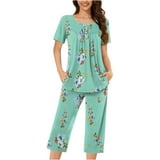 Hrsba Ladies Pajamas Set,Summer Fashion Print Crew Neck Button Up 3/4 ...