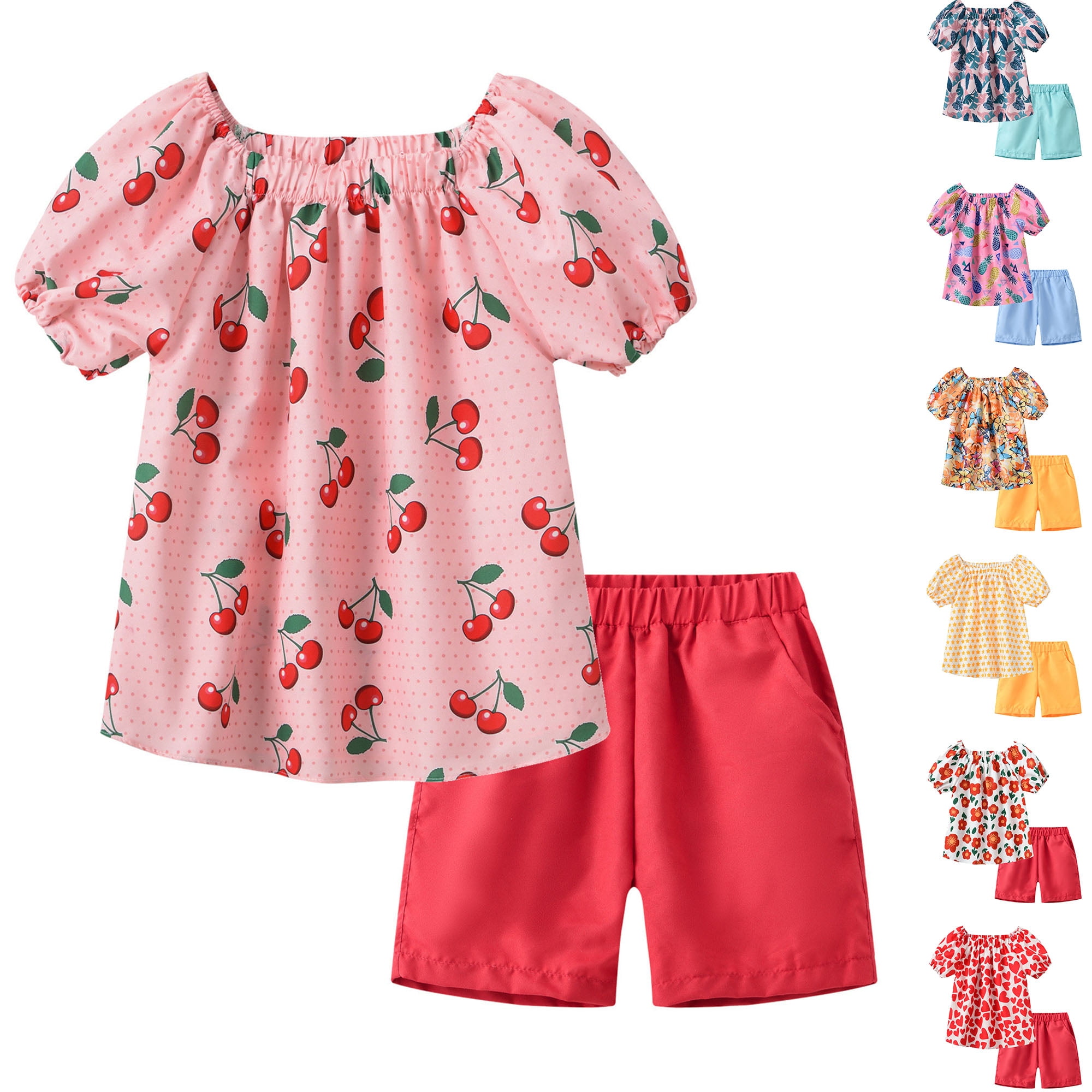 Hrsba Little Girl Outfits Print Round Neck Short Sleeve Top with Pocket ...