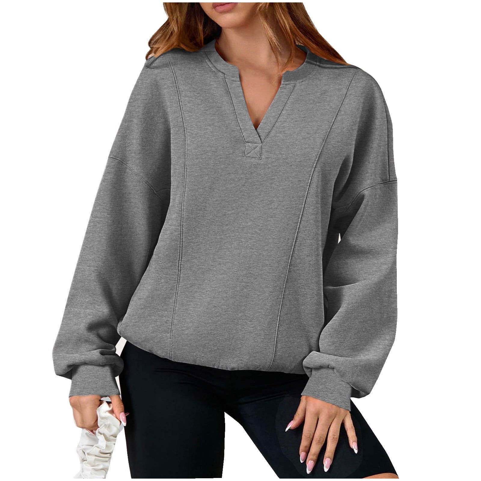 Hrsba Long Sleeve Shirts For Women Casual, Solid Color V Neck Loose ...