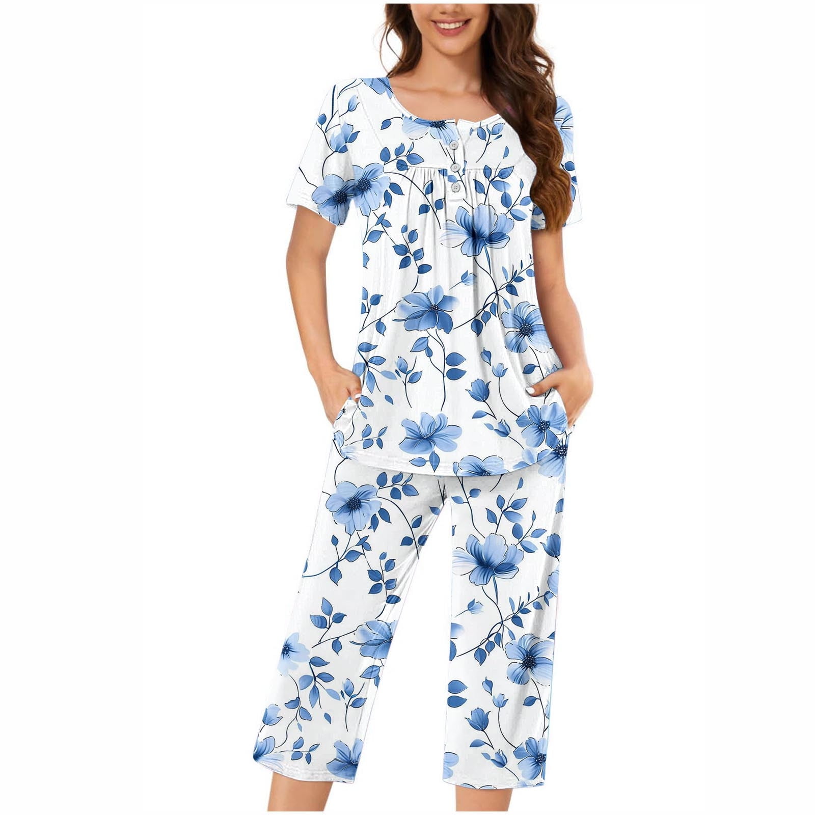 Hrsba Pajamas for Women Set Short Sleeve,Print Button Up Ruched Crew ...