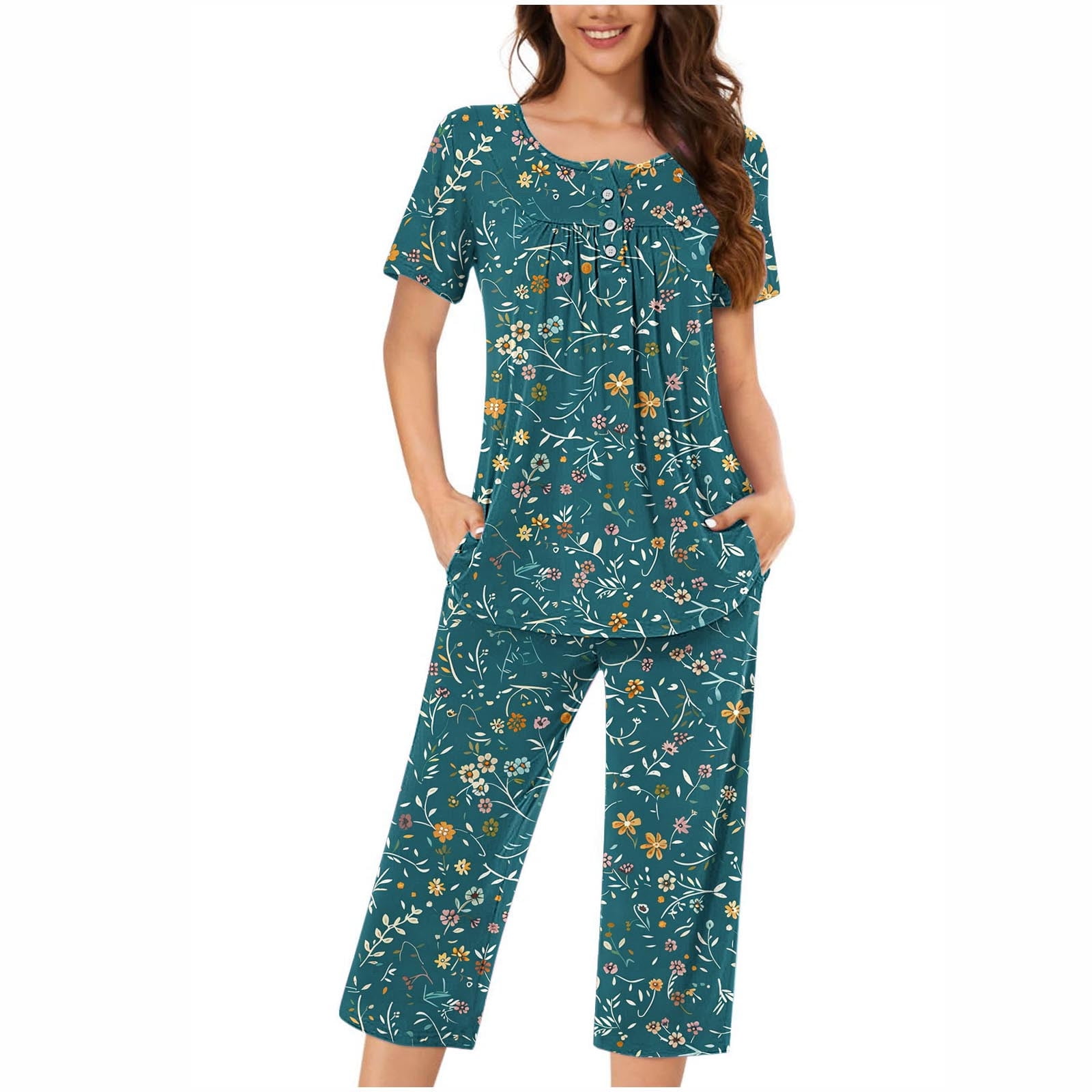 Hrsba Pajamas for Women Set Short Sleeve,Print Button Up Ruched Crew ...