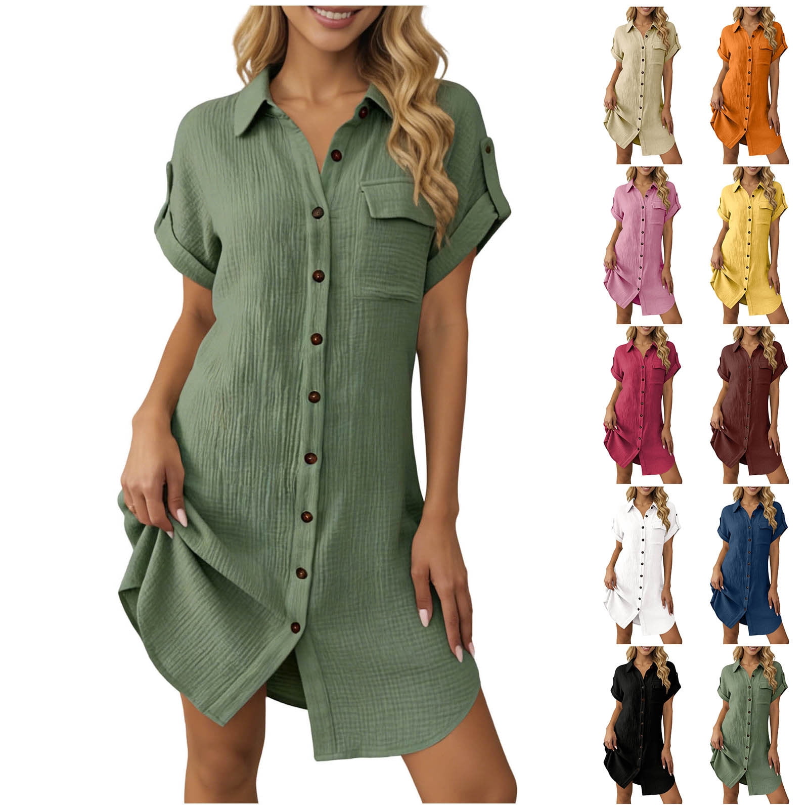 Hrsba Shirt Dresses for Women Solid Color Lapel Neck with Pockets ...