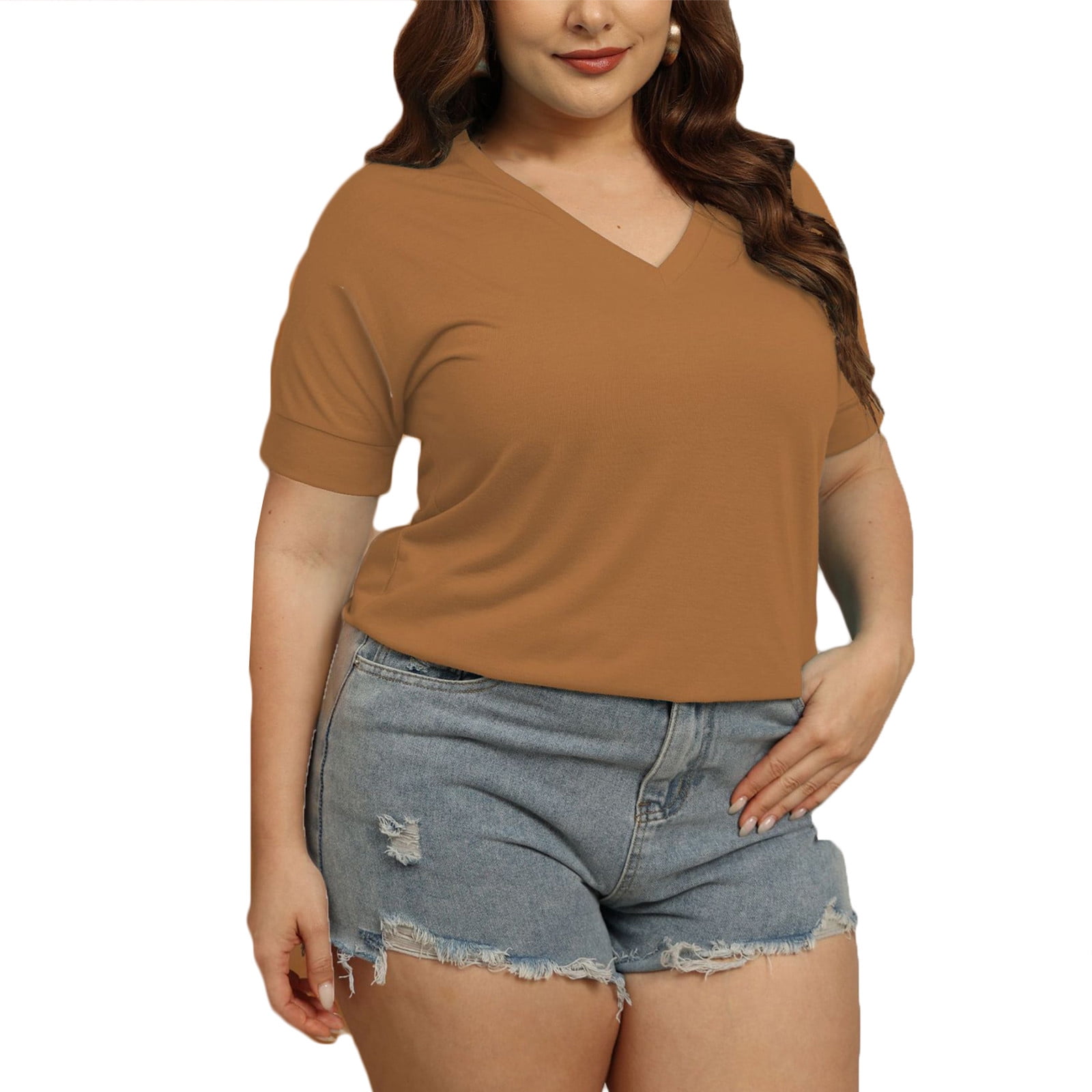 Hrsba Summer Blouses for Women, Solid Color V Neck Casual Short Sleeve ...