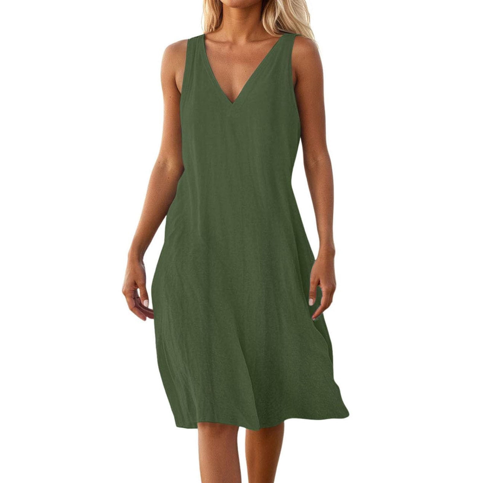 Hrsba Summer Dresses for Women, Solid Color V Neck Sleeveless Casual ...