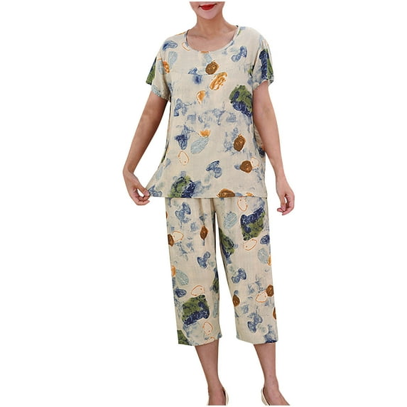 Hrsba Summer Pajamas for Women Set,Casual Print Short Sleeve Crew Neck ...