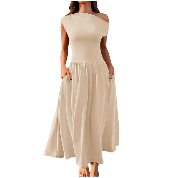 Hrsba Sundresses for Women Beach, Solid Color Asymmetrical Shoulder ...