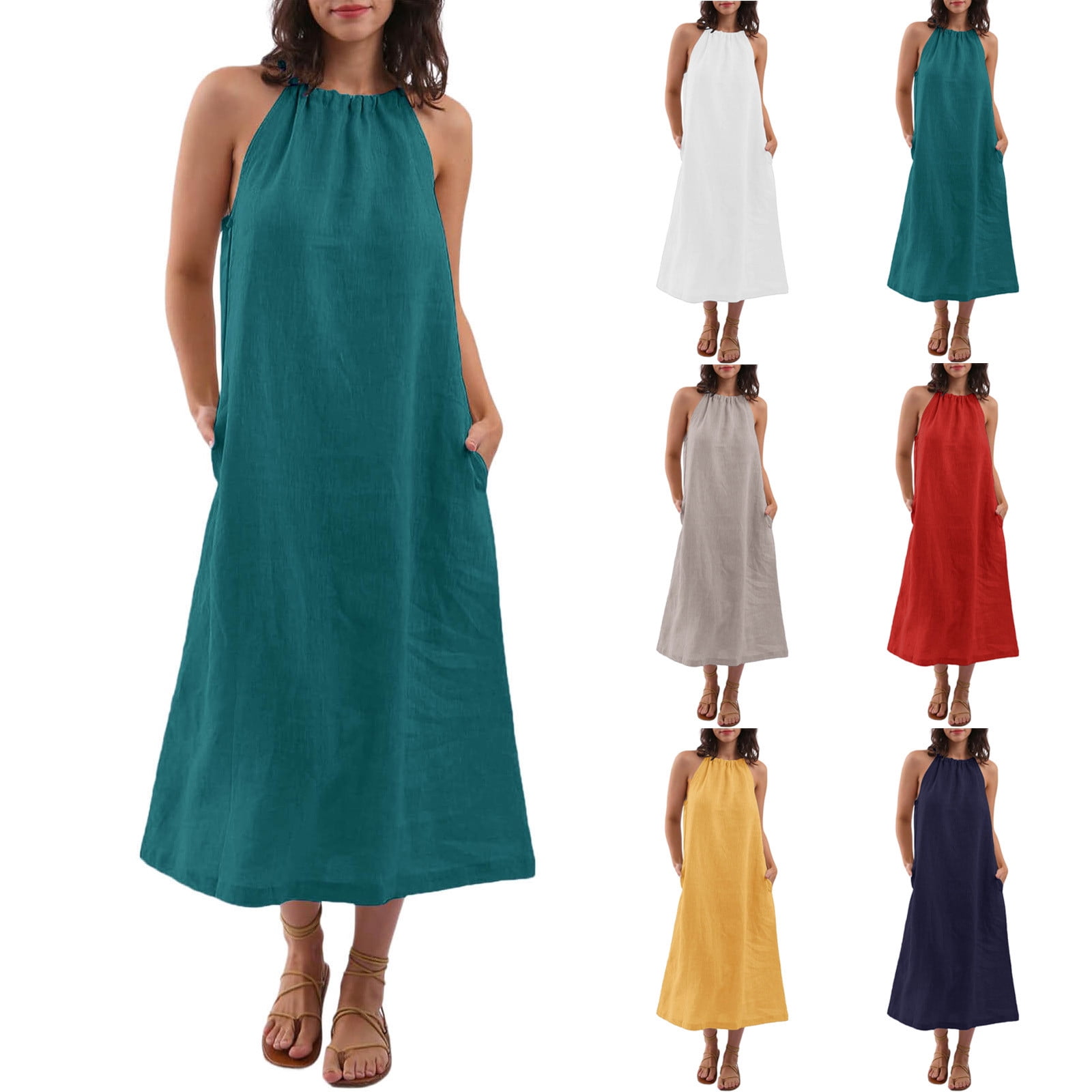 Hrsba Solid Color Crew Neck Sleeveless Linen Sundress for Women Beach ...