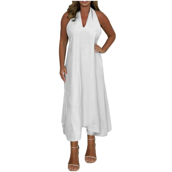 Hrsba V Neck Dress, Solid Color Sleeveless Back Elegant Casual Summer ...