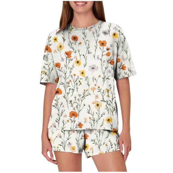 Hrsba Vacation Outfits for Women,Loose Print Crew Neck Short Sleeve Top ...