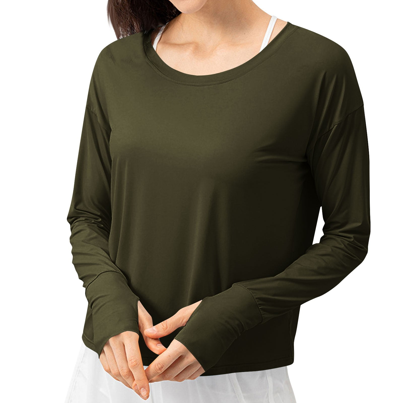 Hrsba Women Crew Neck Long Sleeve Solid Color Sun Protection Sports Top ...