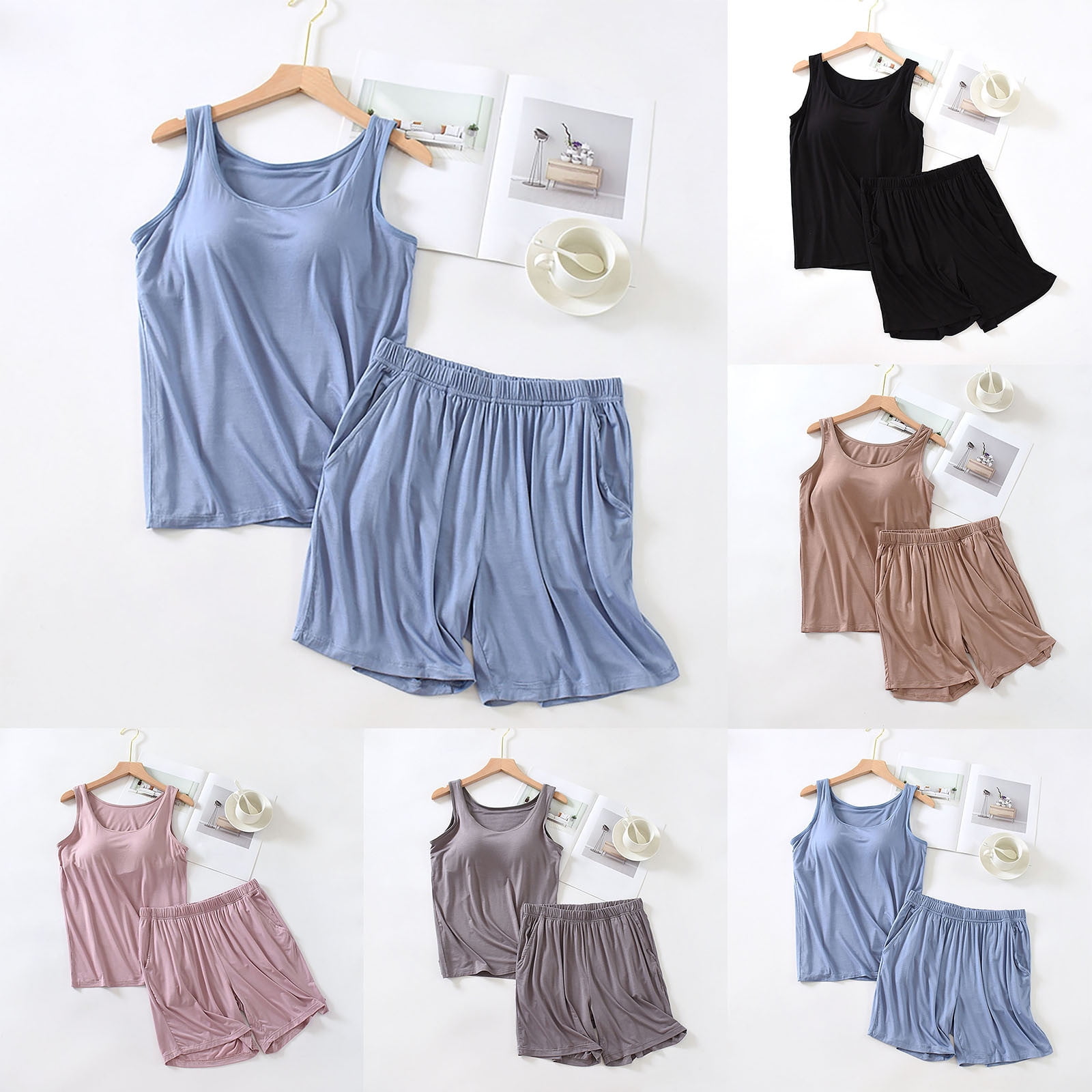 Hrsba Padded Cami Sleep Set for Women Solid Color Loose Tank Top with 3 ...