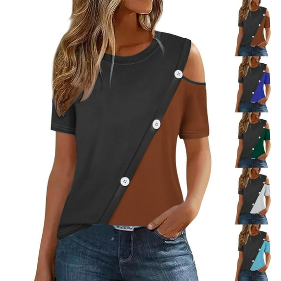 Hrsba Womens Patchwork Tops Off Shoulder Short Sleeve Button Detail ...