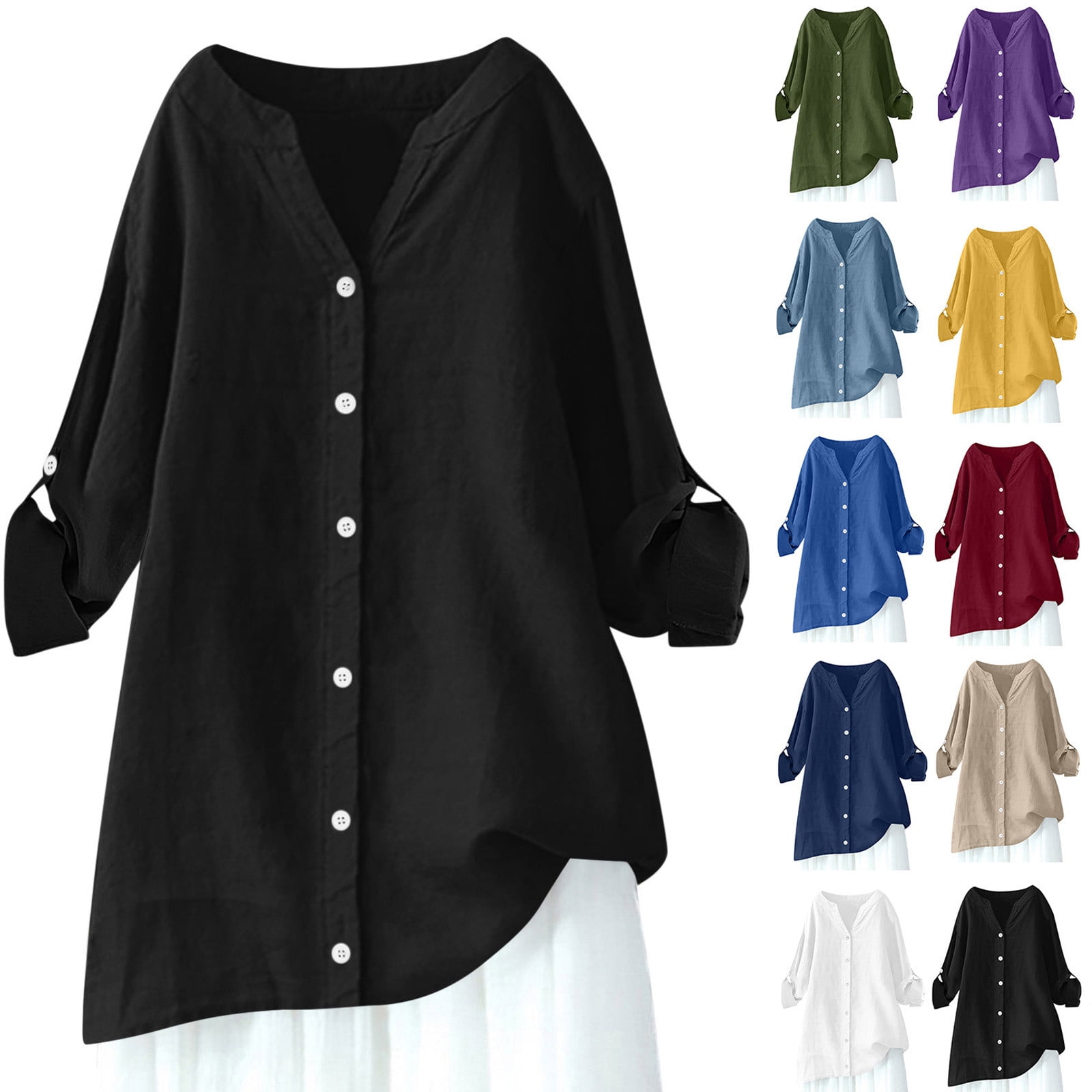 Hrsba Womens Pocket Shirt Solid Color V Neck Long Sleeve Linen Top With ...