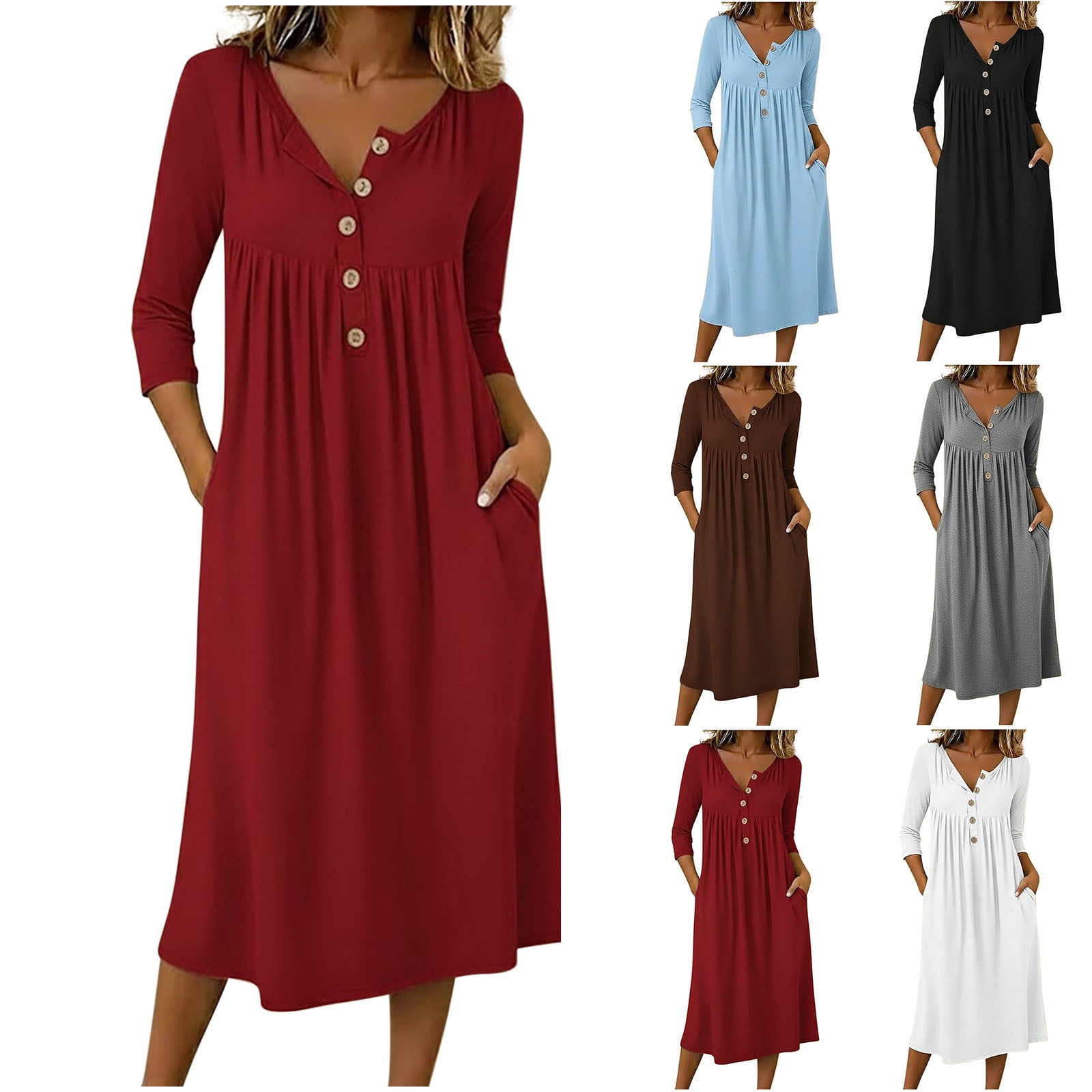 Hrsba Womens Summer Dresses Solid Color 3/4 Sleeve Button Neck Maxi ...