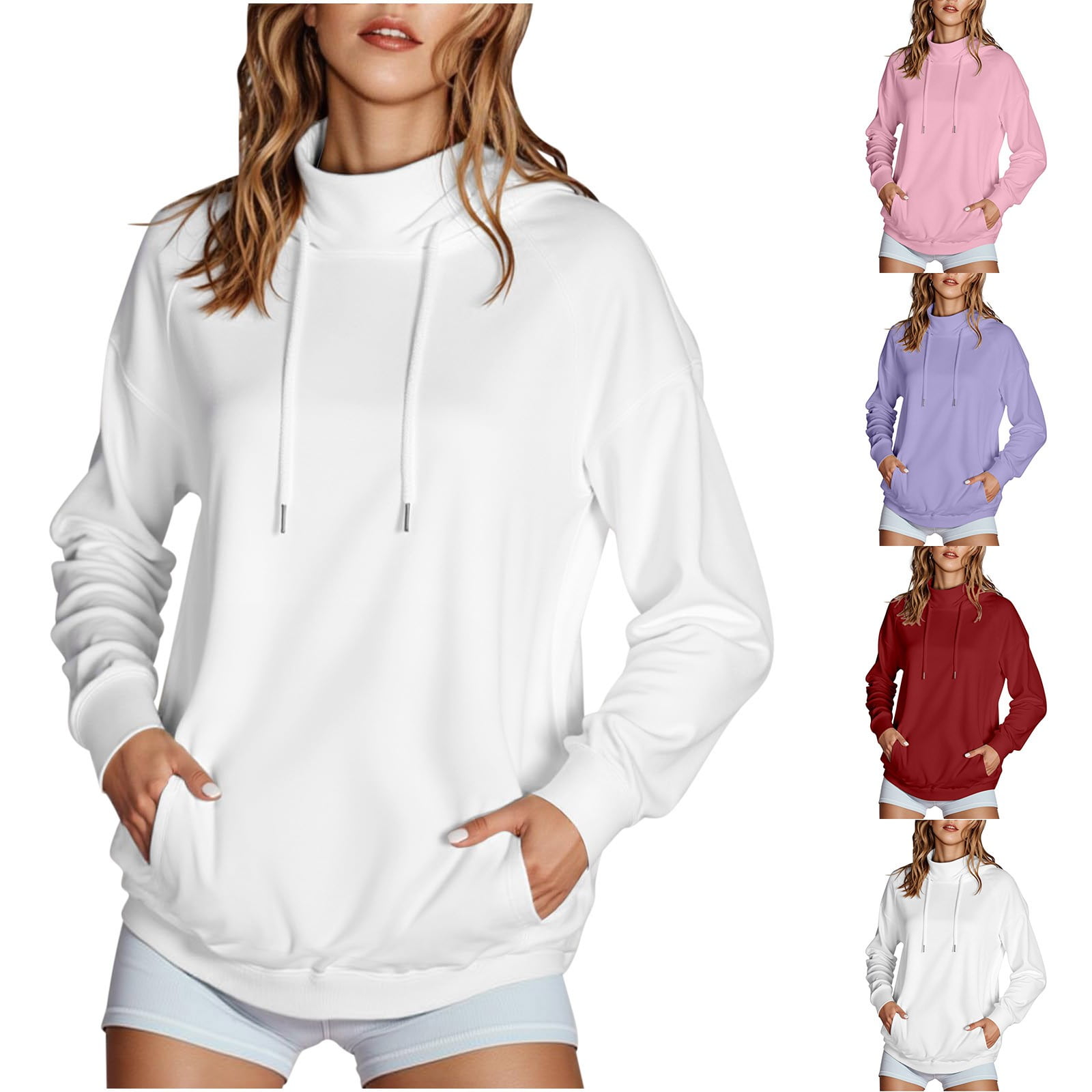 Hrsba Womens Winter Loose Sweatshirt Pocket Tops Solid Color Stand Up ...