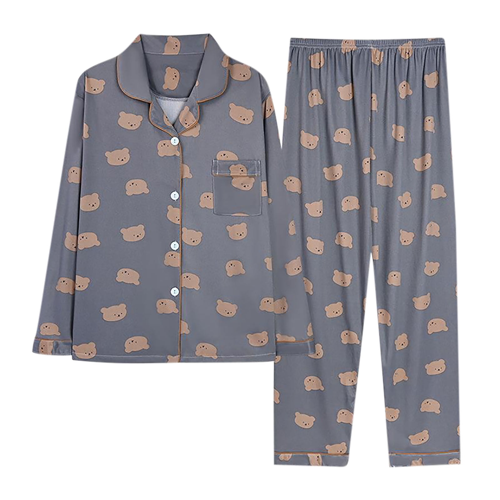 Hrsba Women's Sleepwear Set Long Sleeve Collared Cardigan Top Long ...